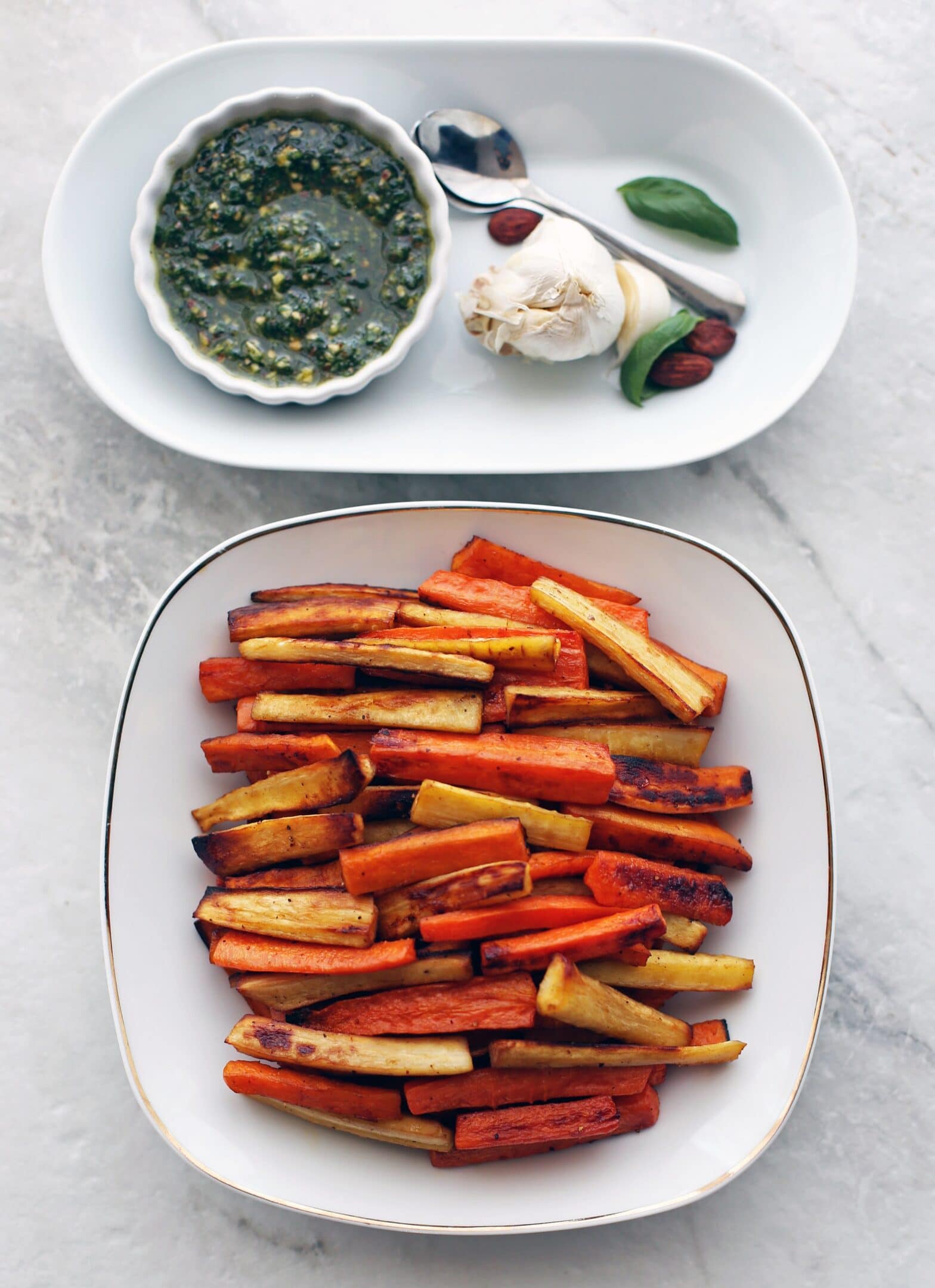 Roasted Balsamic Root Vegetables with Basil Almond Pesto - Yay! For Food